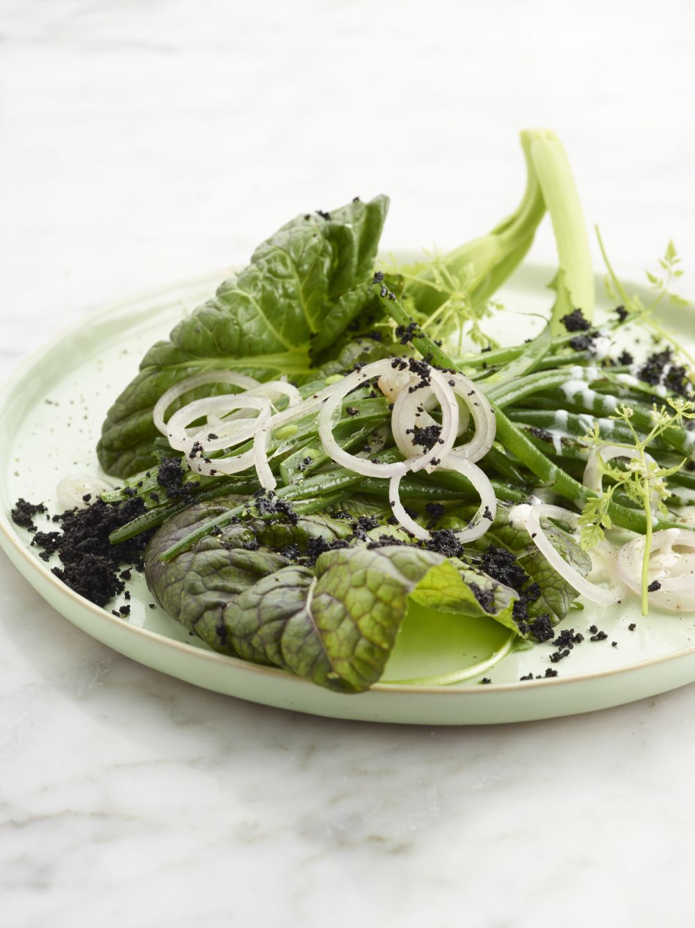 Salade van mosterdblad, yoghurt, olijf, boontjes en sjalot